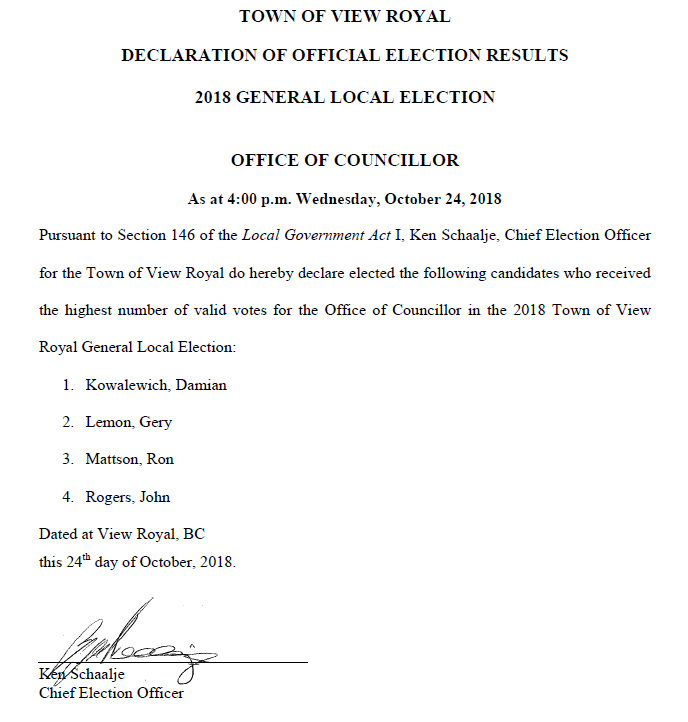 View Royal - 2018 Declaration of Official Election Results